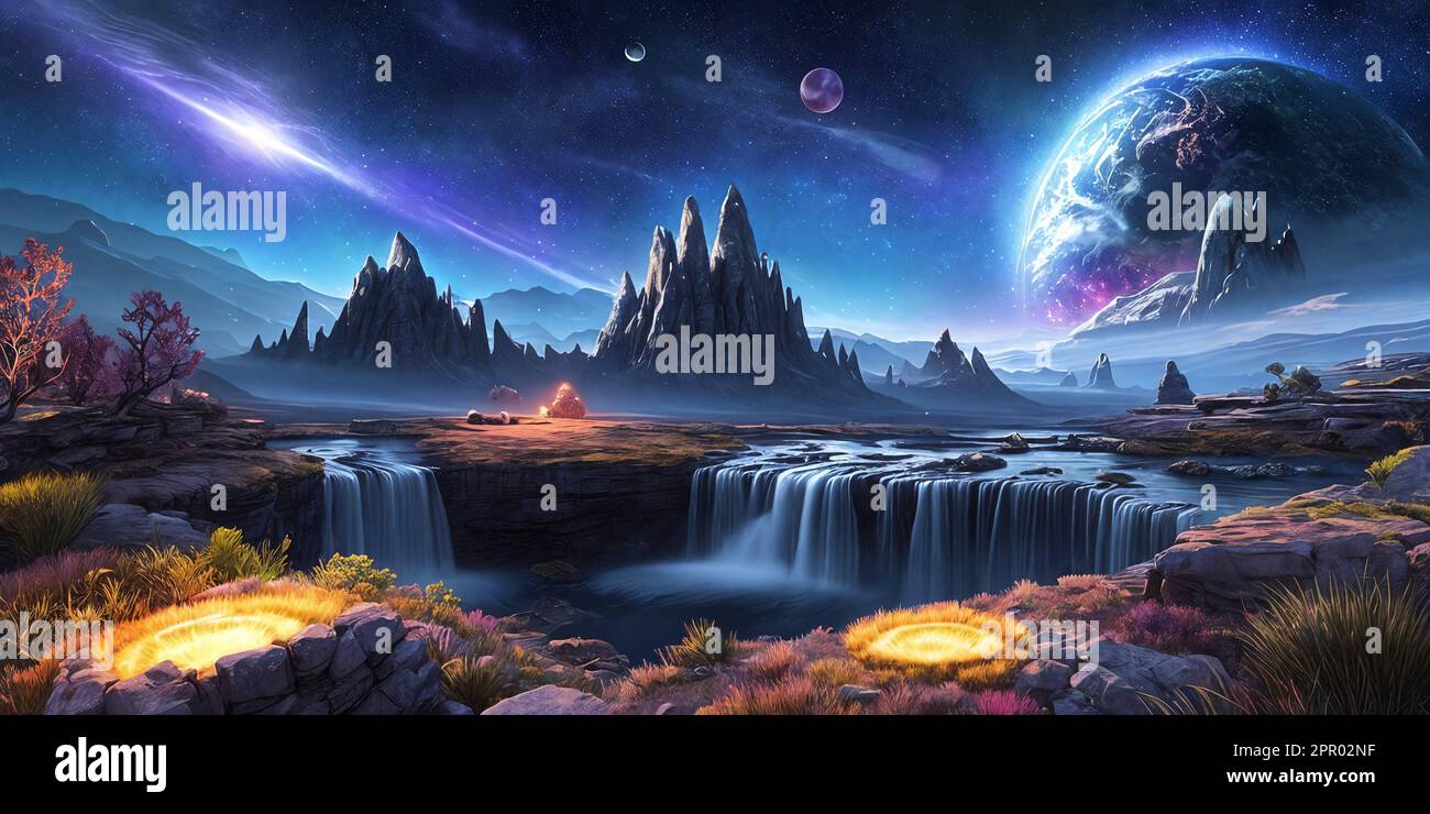 Fantasy planet with river and waterfalls on foreground, night sky with ...