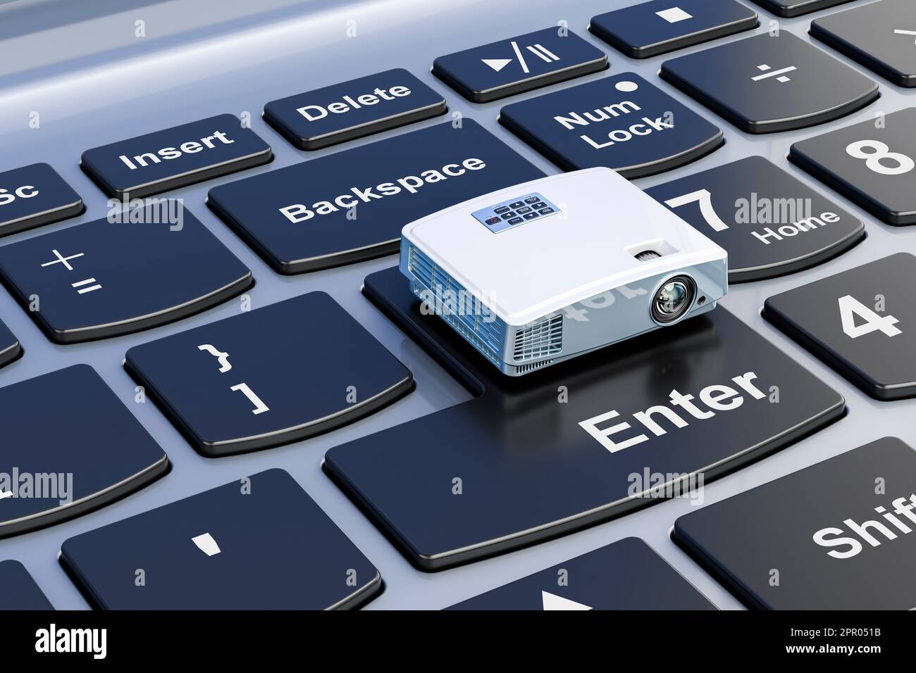 Projector on laptop keyboard, 3D rendering Stock Photo - Alamy