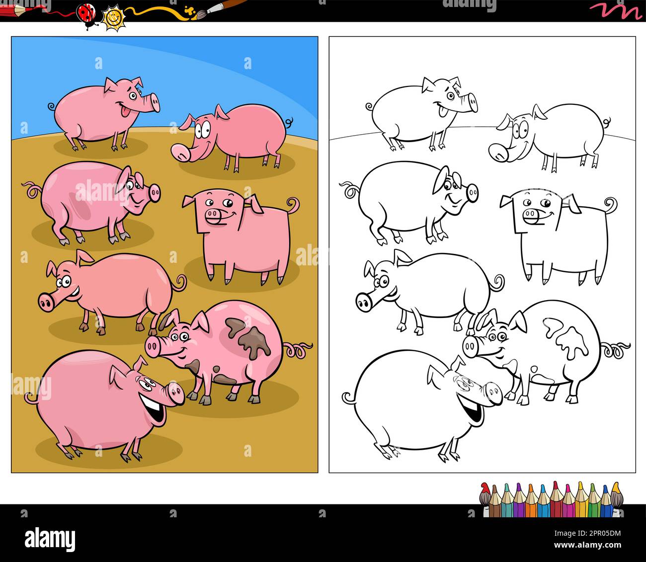cartoon pigs farm animal characters coloring page Stock Vector Image ...