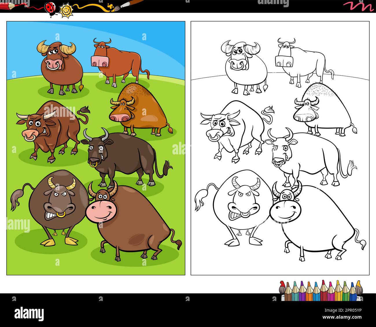 cartoon bulls farm animal characters coloring page Stock Vector Image ...