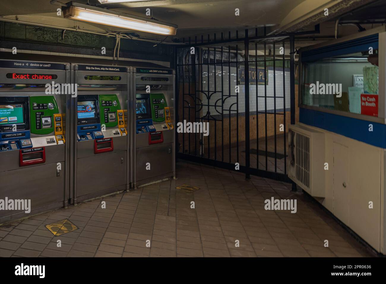 Close-up interior view of subway with automatic ticket machines. New ...