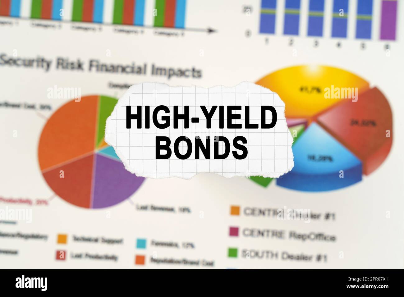 Business concept. On diagrams and graphs lies torn paper with the inscription - High-Yield Bonds ...