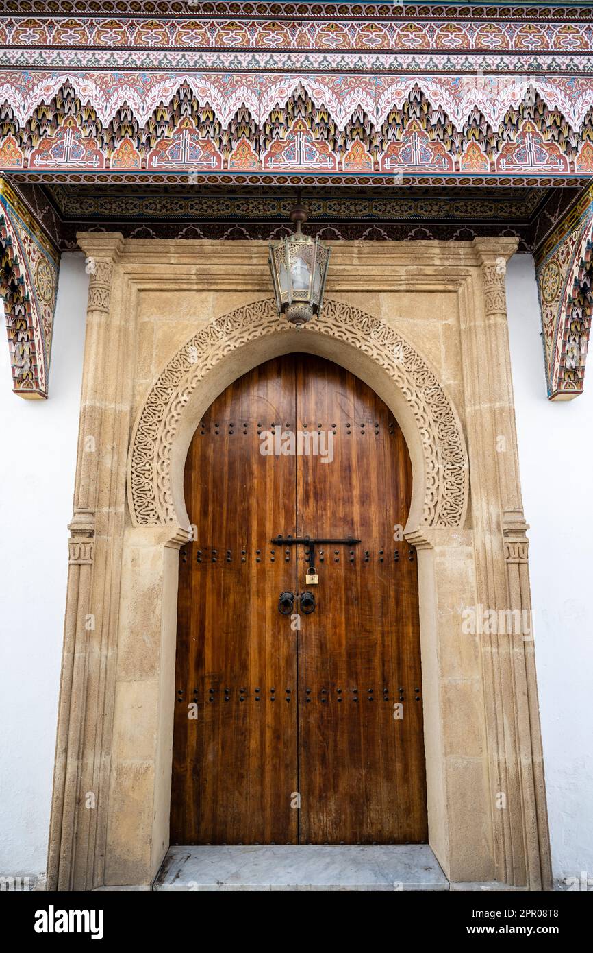 Entrance door to a mosque decorated with moorish motifs in the Rabat ...