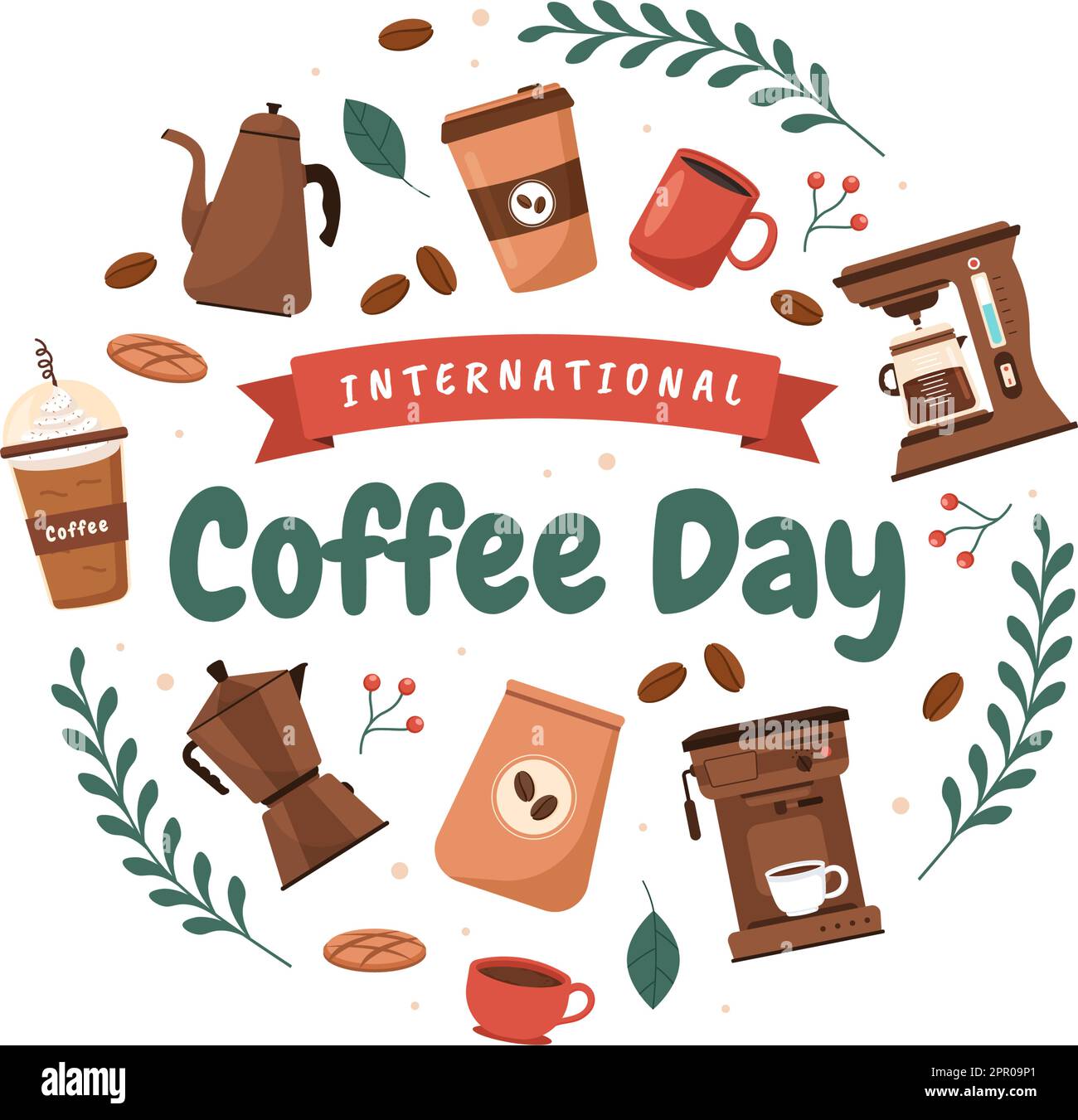 International Coffee Day on 1st October Hand Drawn Cartoon Flat ...