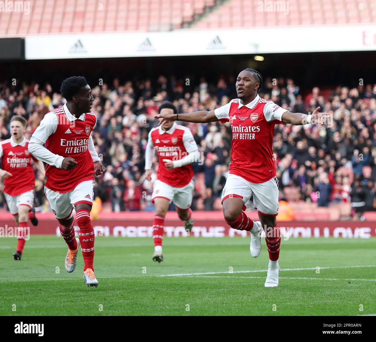 London, UK. 25th Apr, 2023. Omari Benjamin of Arsenal celebrates ...