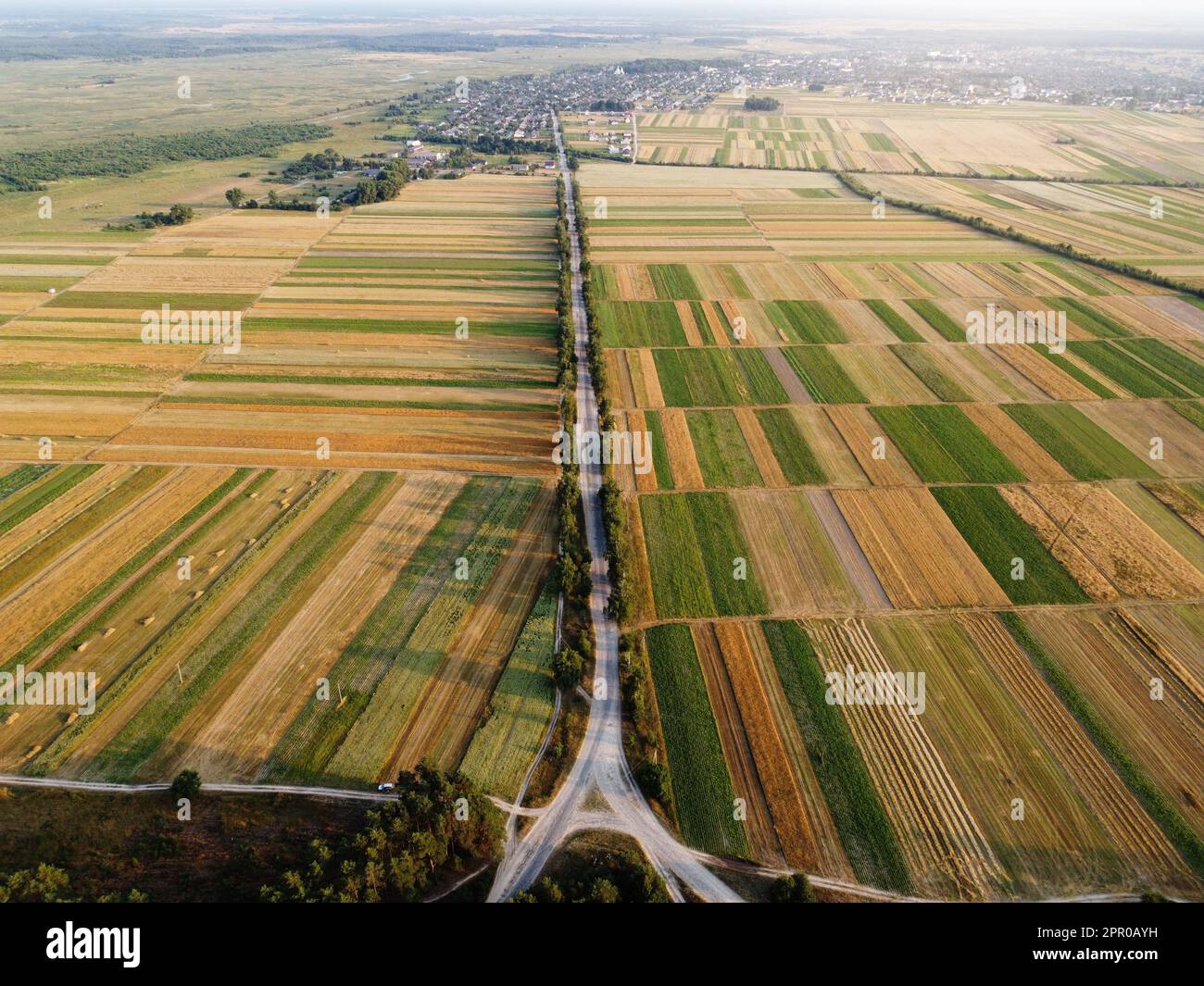 Aerial view of cultivated green fields and agricultural parcels with ...
