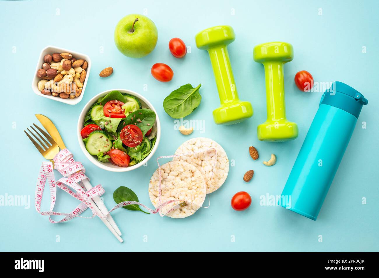 Diet food, healthy lifestyle and fitness background on blue Stock Photo ...