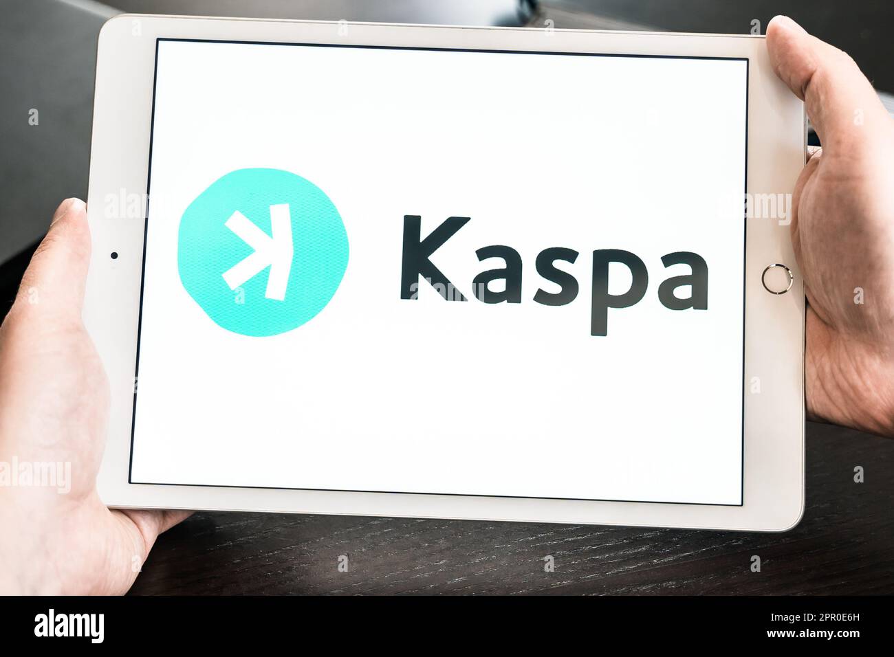 Russia Moscow 25.04.23 Logo of Kaspa mining coin in tablen screen ...