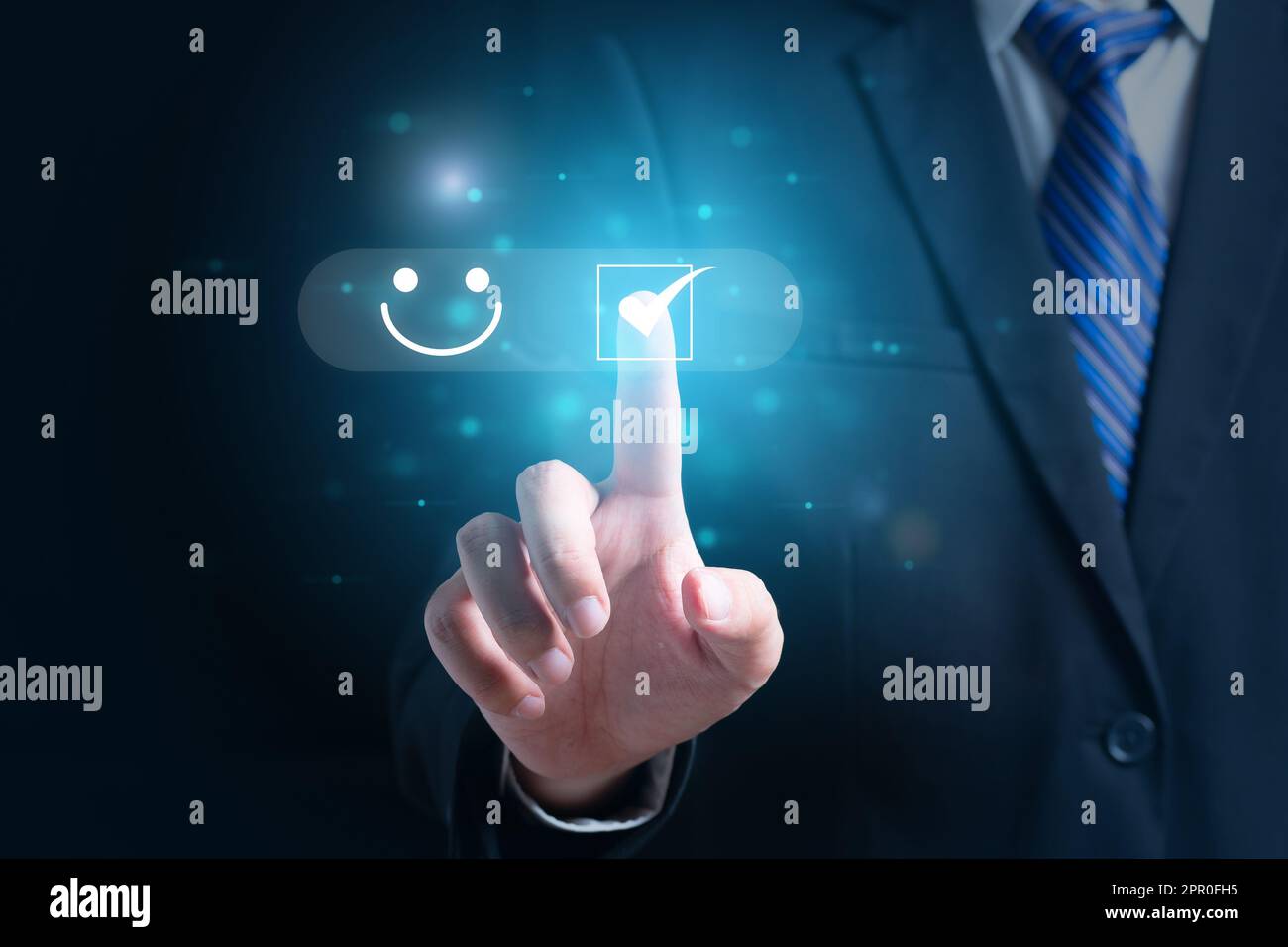 Businessman pressing smiley face emoticon on virtual screen Stock Photo ...