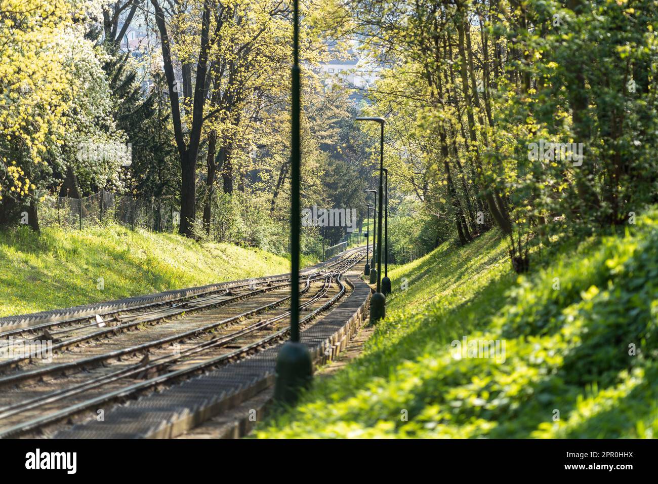 Funicular Railway to Petrin Hill in spring in Prague, Czech Republic ...