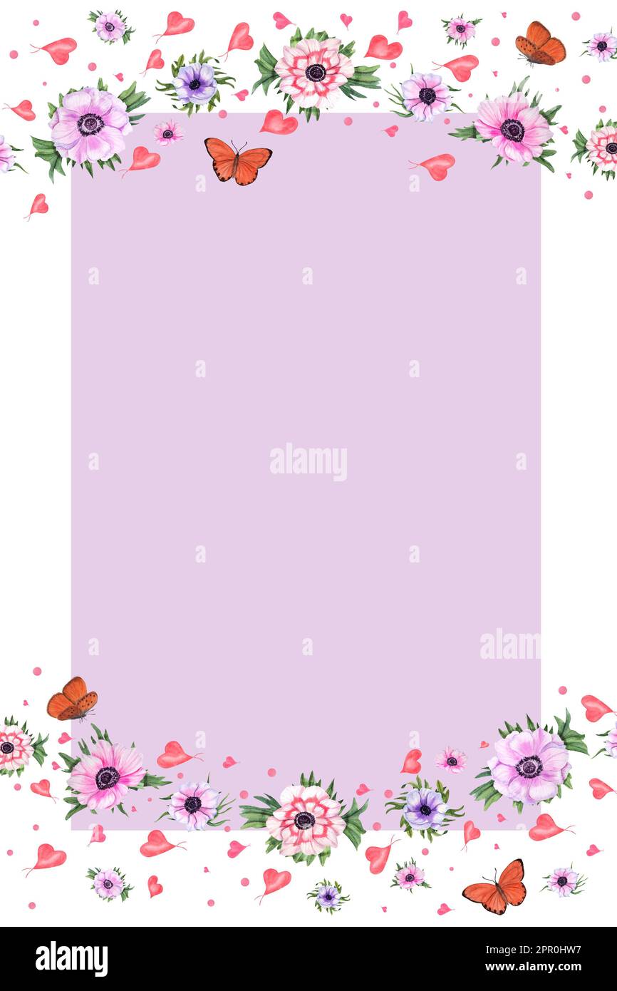 Watercolor celebration rectangle frame with anemones, butterflies ...
