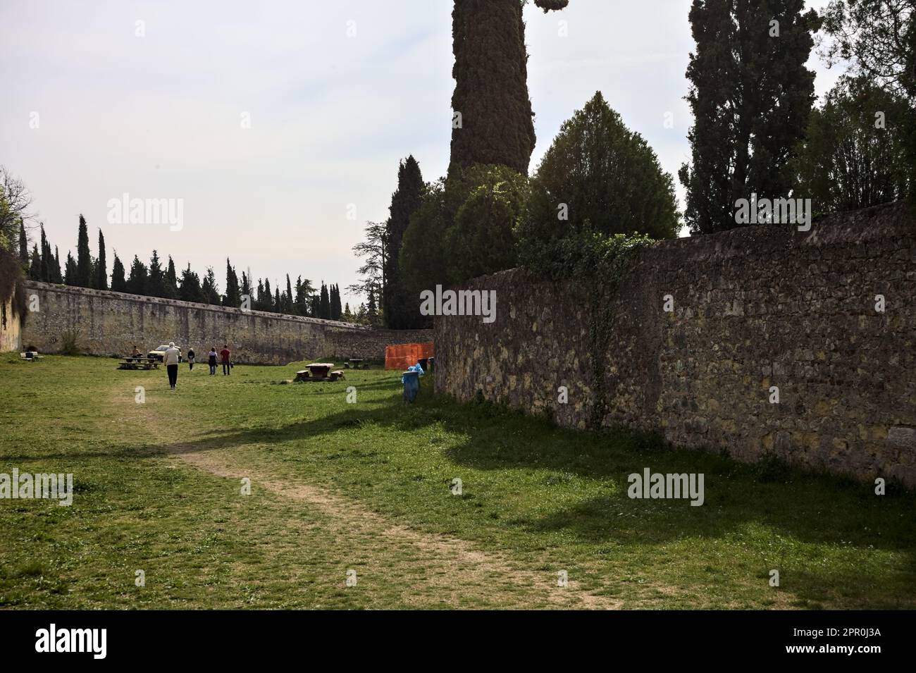 Large passage between boundary walls in a park by the hillside Stock ...