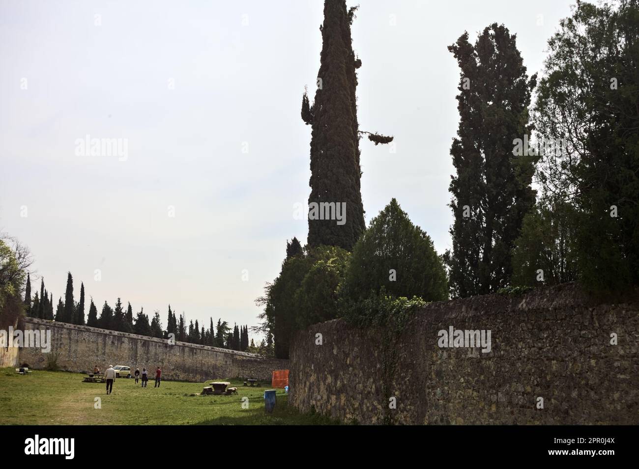 Large passage between boundary walls in a park by the hillside Stock ...