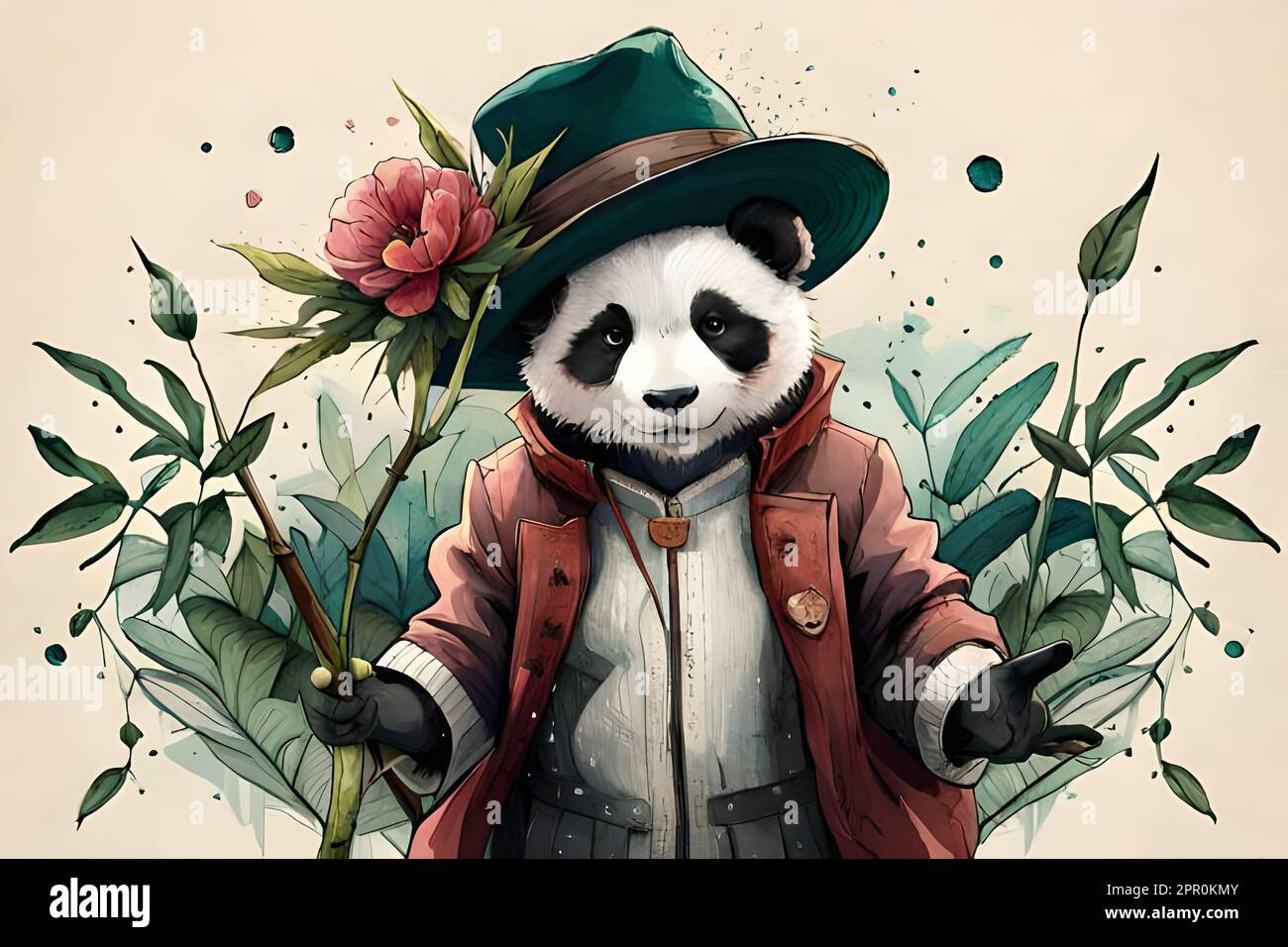 Watercolor cute panda with hat, flowers Stock Photo - Alamy