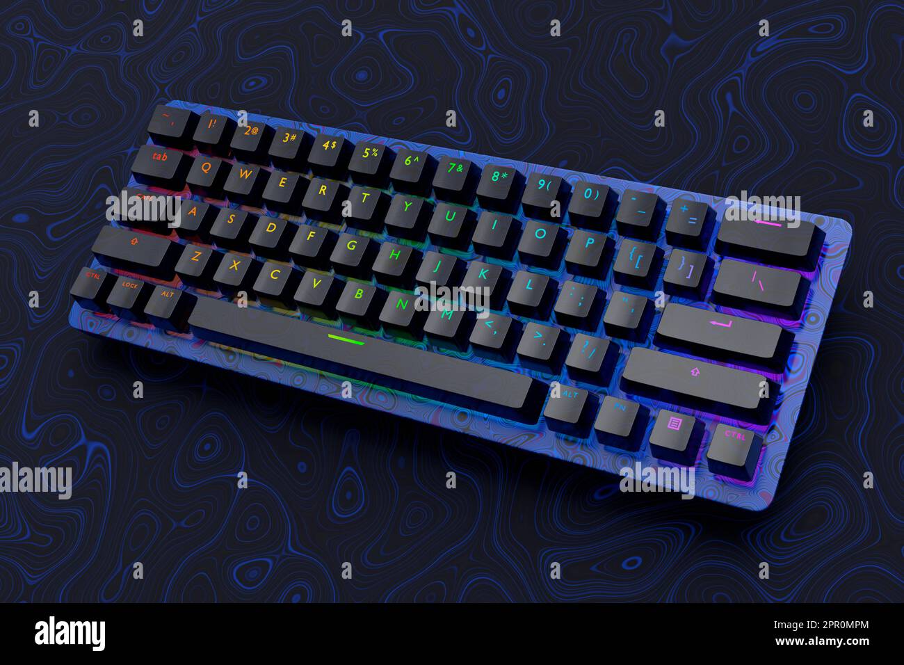 Realistic computer keyboard with seamless wavy pattern isolated on dark ...