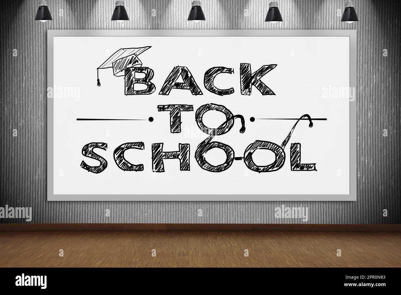 Whiteboard with drawing back to school. Dark classroom with lamp Stock ...