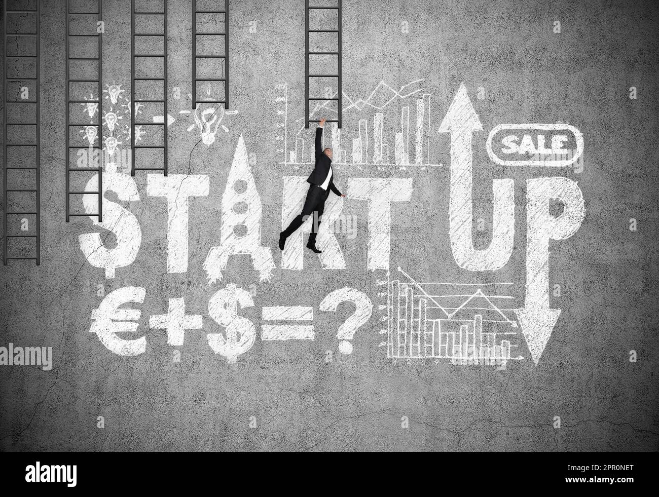 drawing start up strategy on concrete wall and businessman hanging on ...