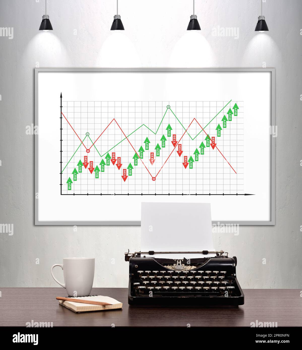 white placard on wall with drawing exchange sales statistics Stock ...