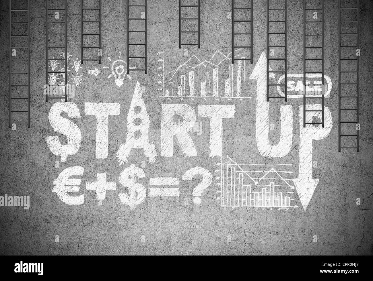 drawing start up strategy on concrete wall and many black ladder Stock ...