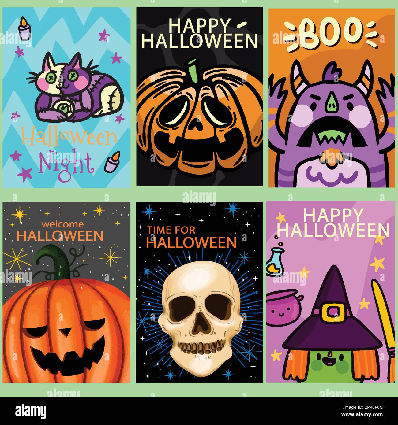 Set of six halloween posters or greeting card with cute holiday simbols ...