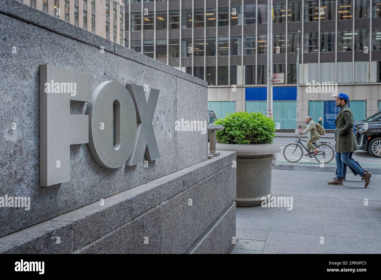 USA. 25th Apr, 2023. Plaque at the main entrance to the FOX News ...