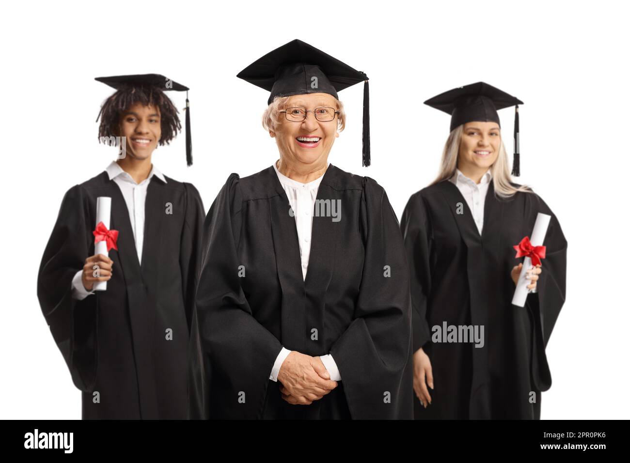 Mature female professor and graduate students posing isolated on white ...
