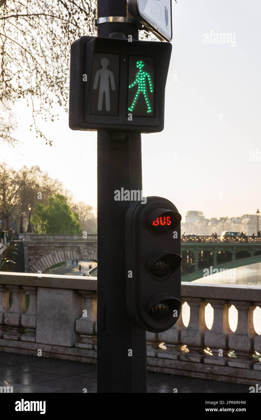 Traffic light for pedestrians and buses on the bridge over the Seine ...