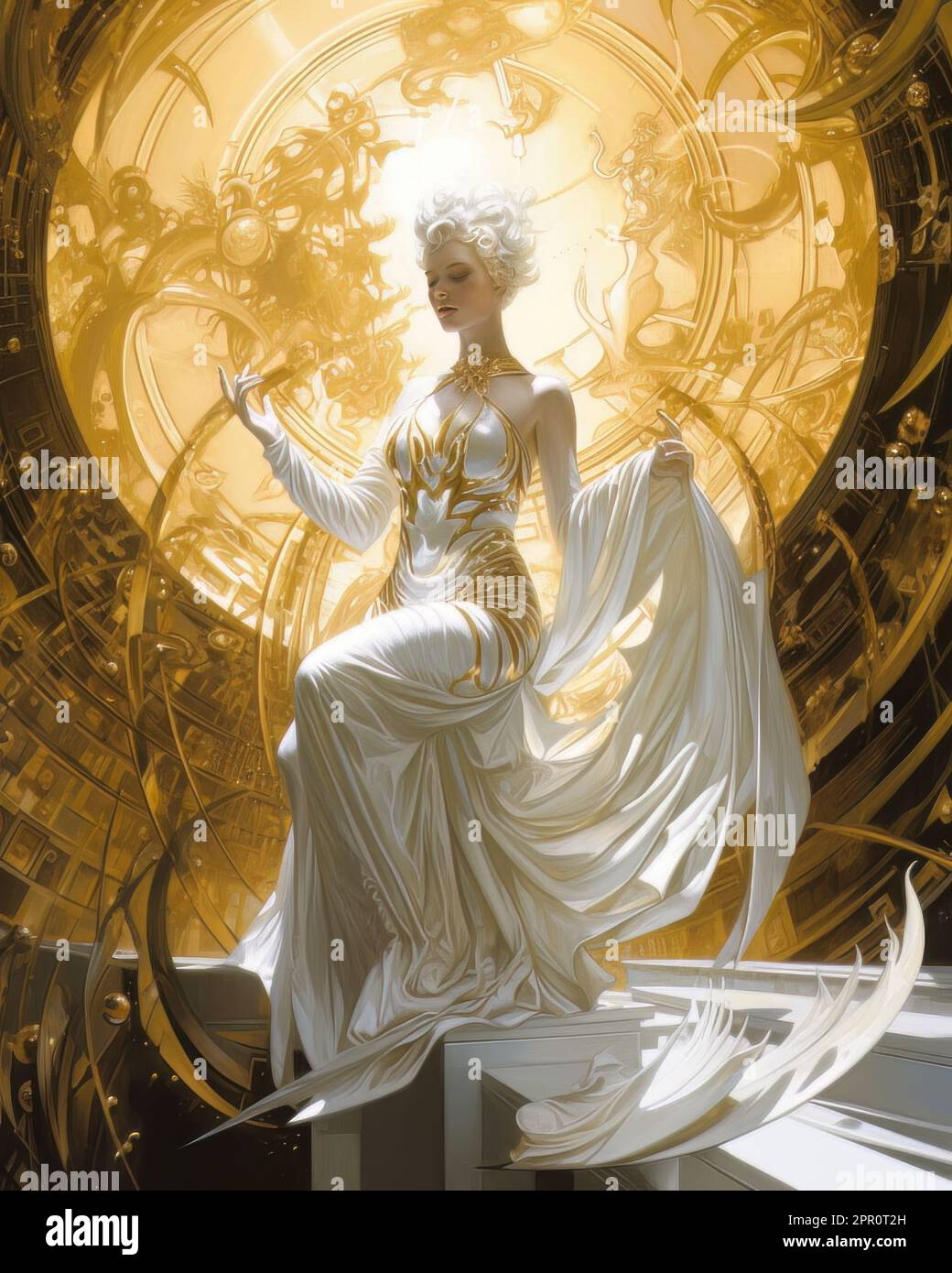 Beautiful Epic Queen in a chic white and gold dress Stock Photo - Alamy