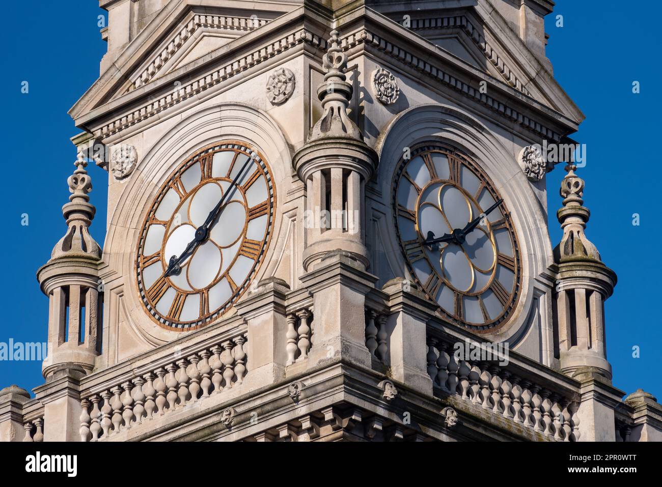 Close up image of the clock and tower of the Guildhall in Portsmouth ...