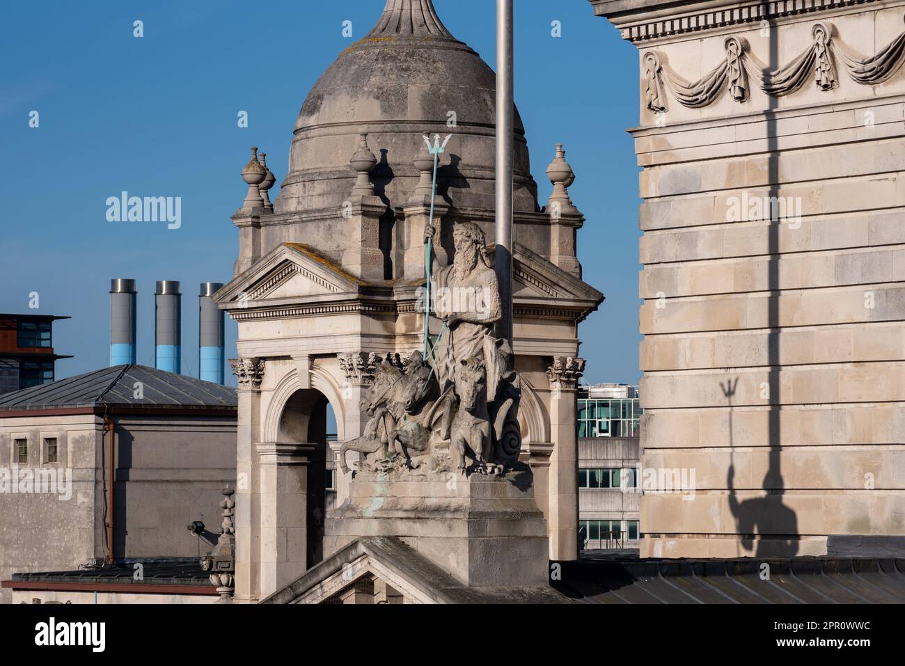 Close up image of a statue on the Guildhall in Portsmouth city centre ...