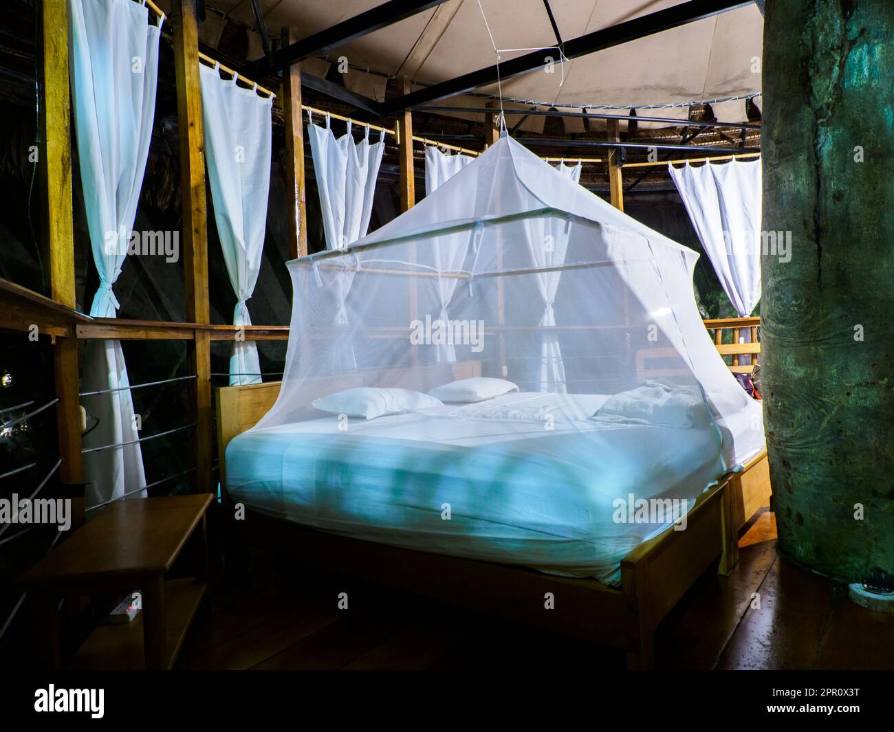 Huge bed with white mosquito net. Glamping accommodation in the Amazon ...