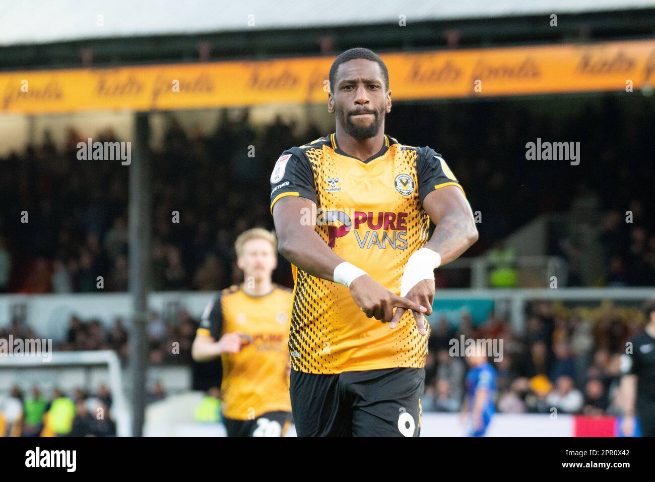 Newport, UK. 25th Apr, 2023. Omar Bogle of Newport county celebrates ...