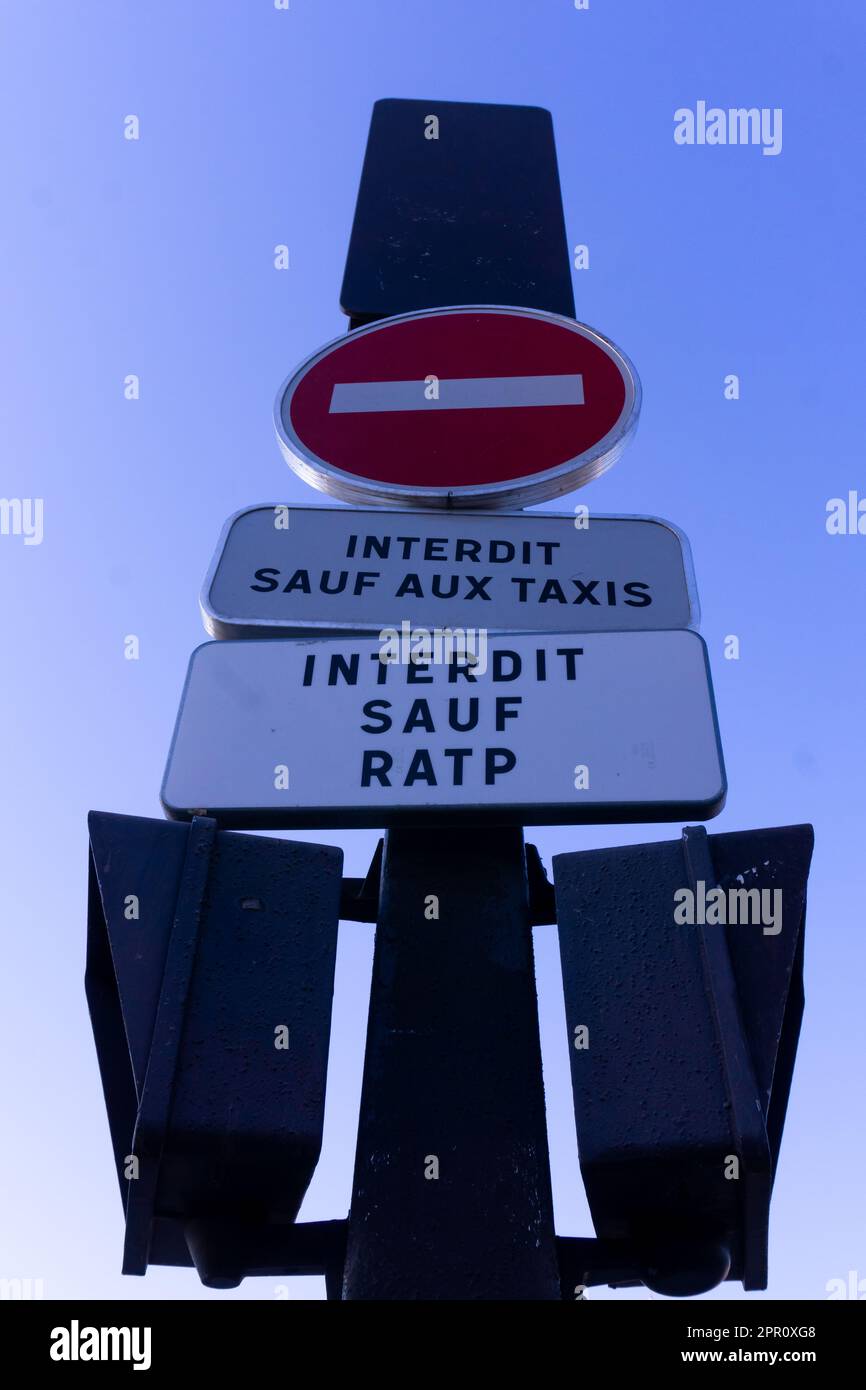 Road sign No entry except taxis against the sky in Paris, France Stock ...