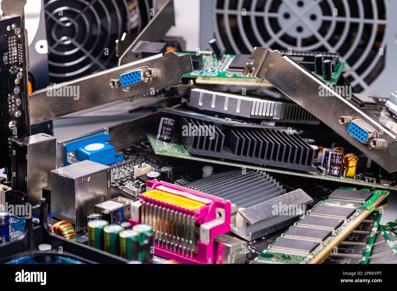 stack with various computer electrical boards and components, Repairing ...