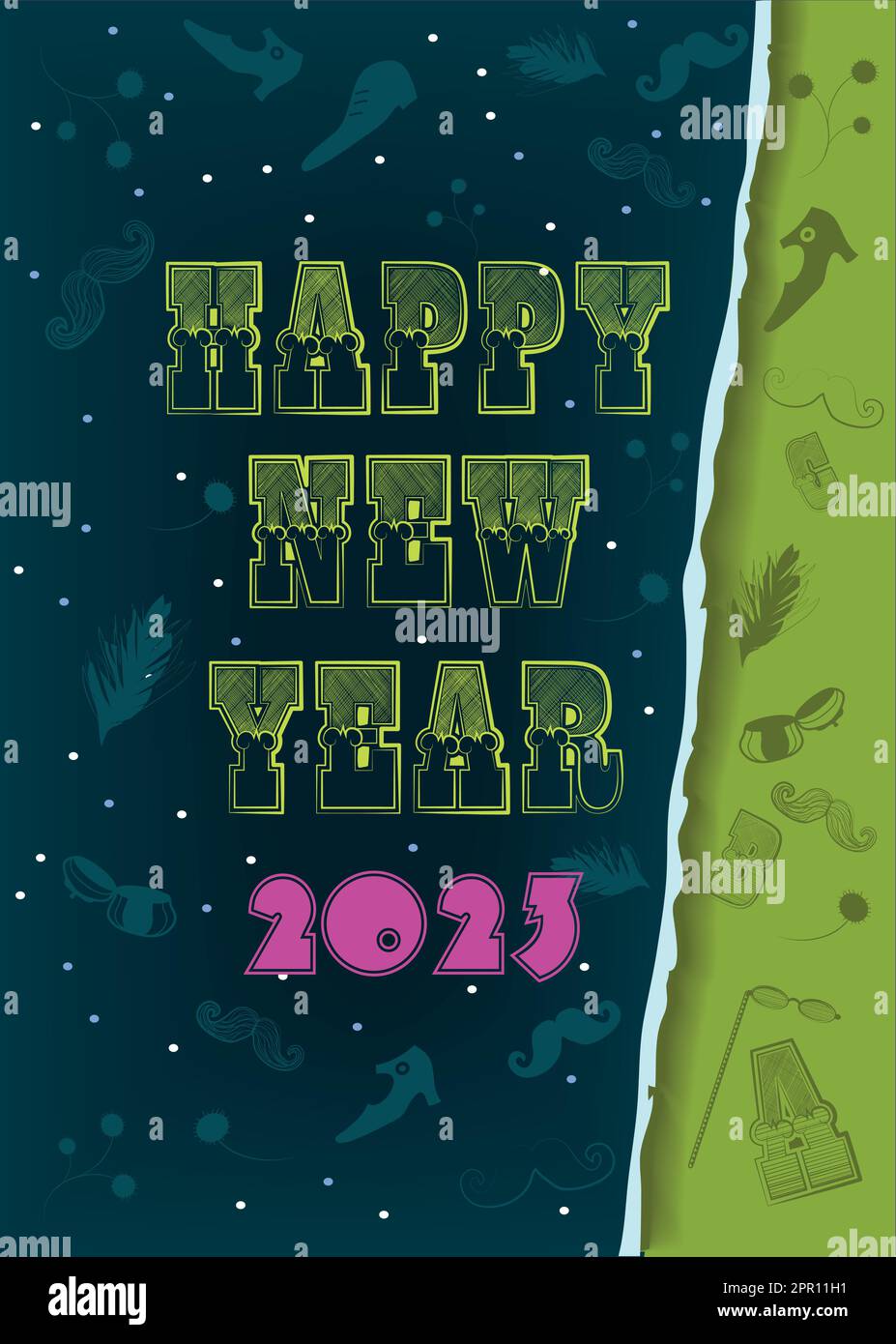 Happy New Year 2023. Yellow letters in typographic vintage style. Pink ...