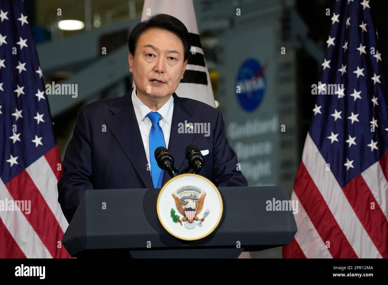 South Korea's President Yoon Suk Yeol speaks during a visit to NASA's ...