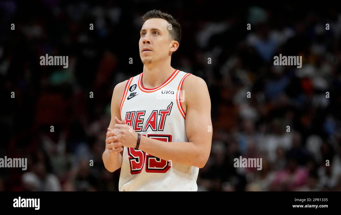 Miami Heat forward Duncan Robinson stands on the court during the ...