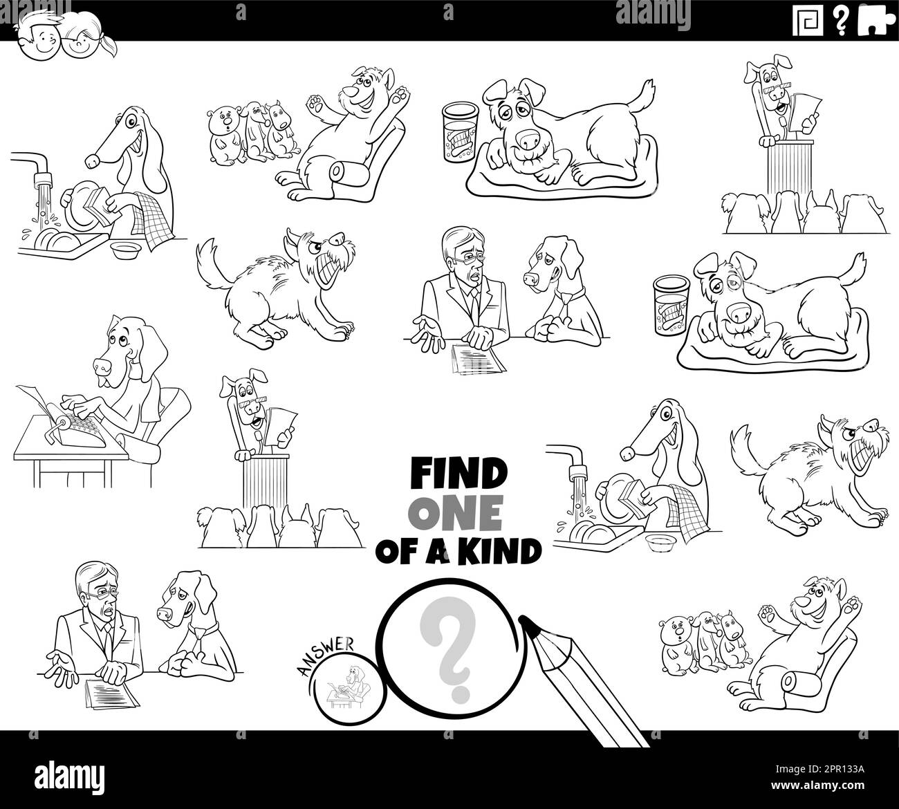 one of a kind task with funny cartoon dogs coloring page Stock Vector ...