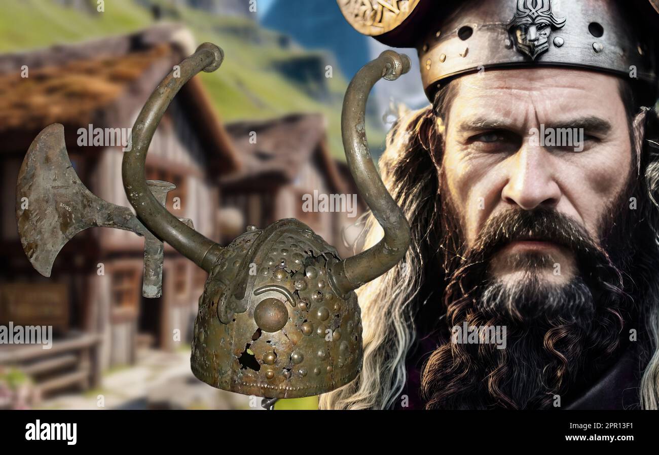 A close-up of a Viking warrior together with a beautiful helmet ...