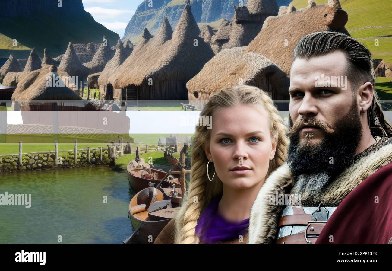A pair of Vikings against the backdrop of a typical village Stock Photo ...