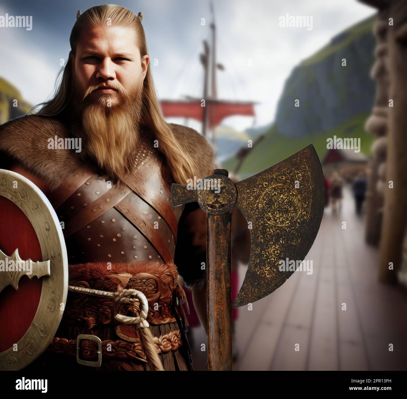 A typical Viking warrior and an original Viking ax against a village ...
