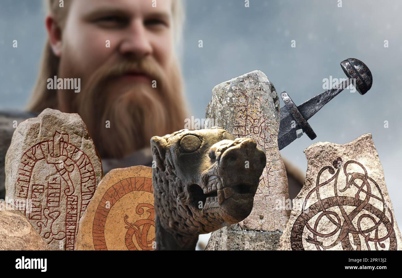 Archaeological finds from the Viking era representing various objects ...
