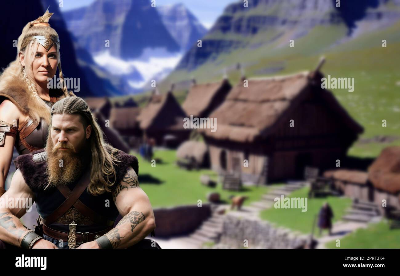 Two Viking warriors (a woman and a man) in the foreground against the ...