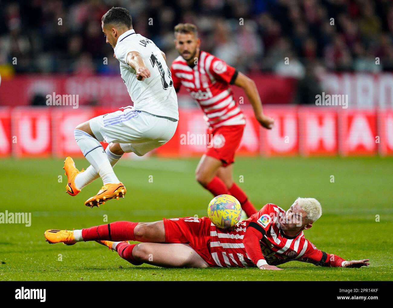 Lucas Vazquez of Real Madrid and Valery Fernandez of Girona FC during ...