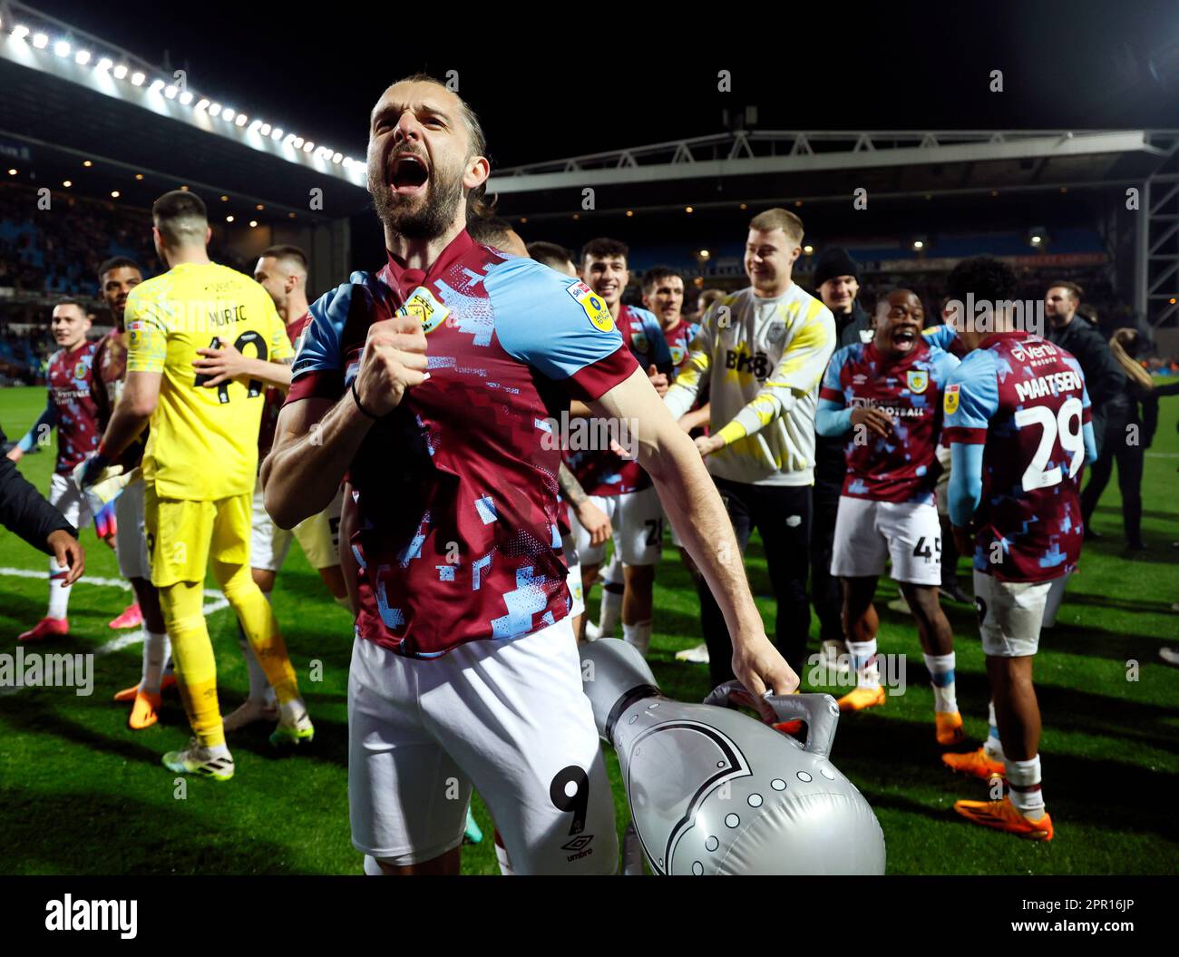 Burnley's Jay Rodriguez with an inflatable trophy to celebrate winning ...