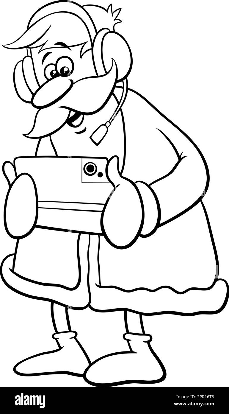 cartoon Santa Claus with tablet and headset coloring page Stock Vector ...
