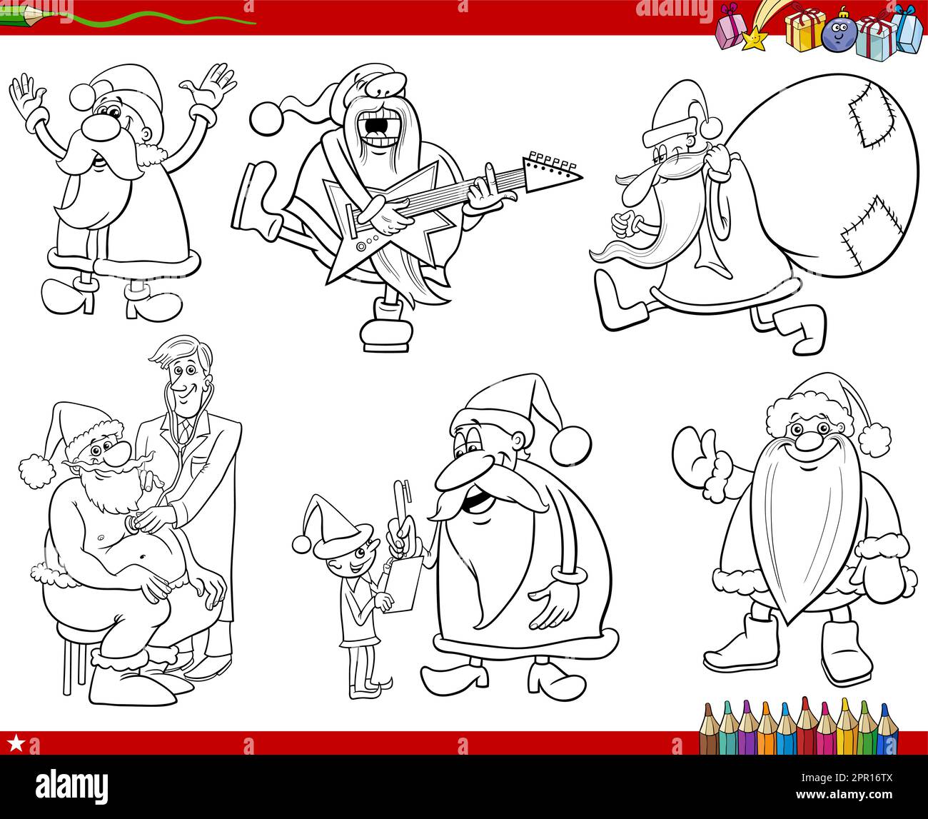 cartoon Santa Clauses characters set coloring page Stock Vector Image ...
