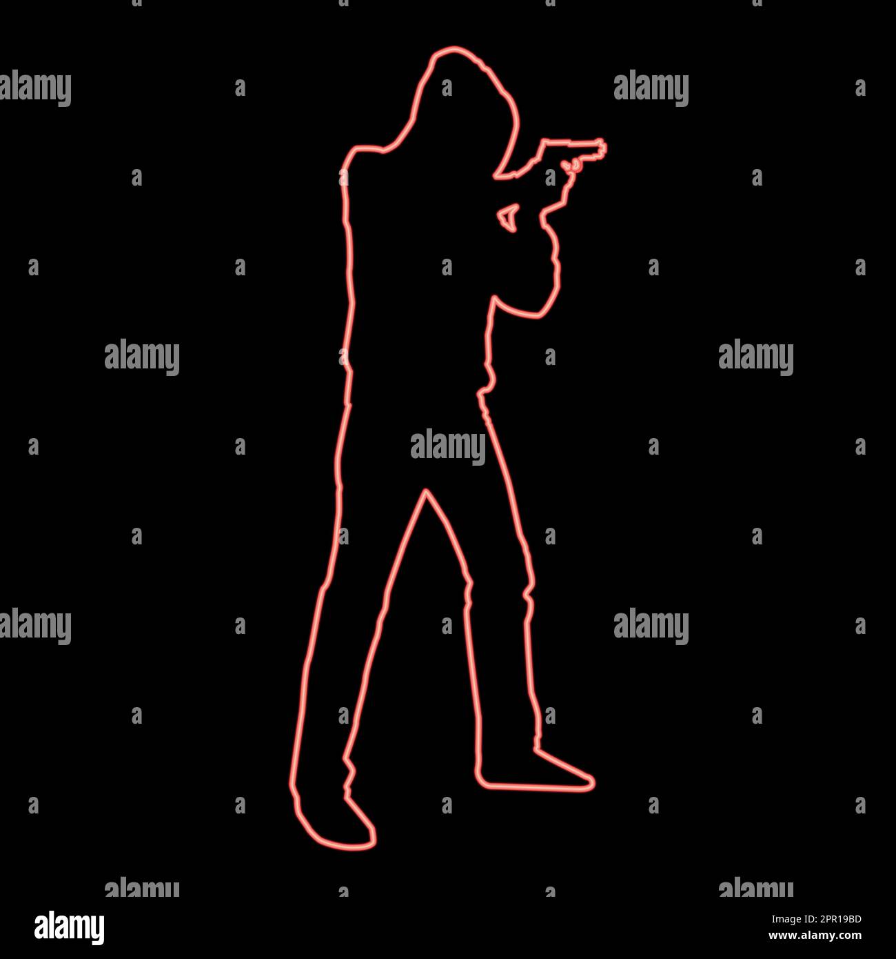 Neon man in the hood with gun concept danger short arm icon red color ...