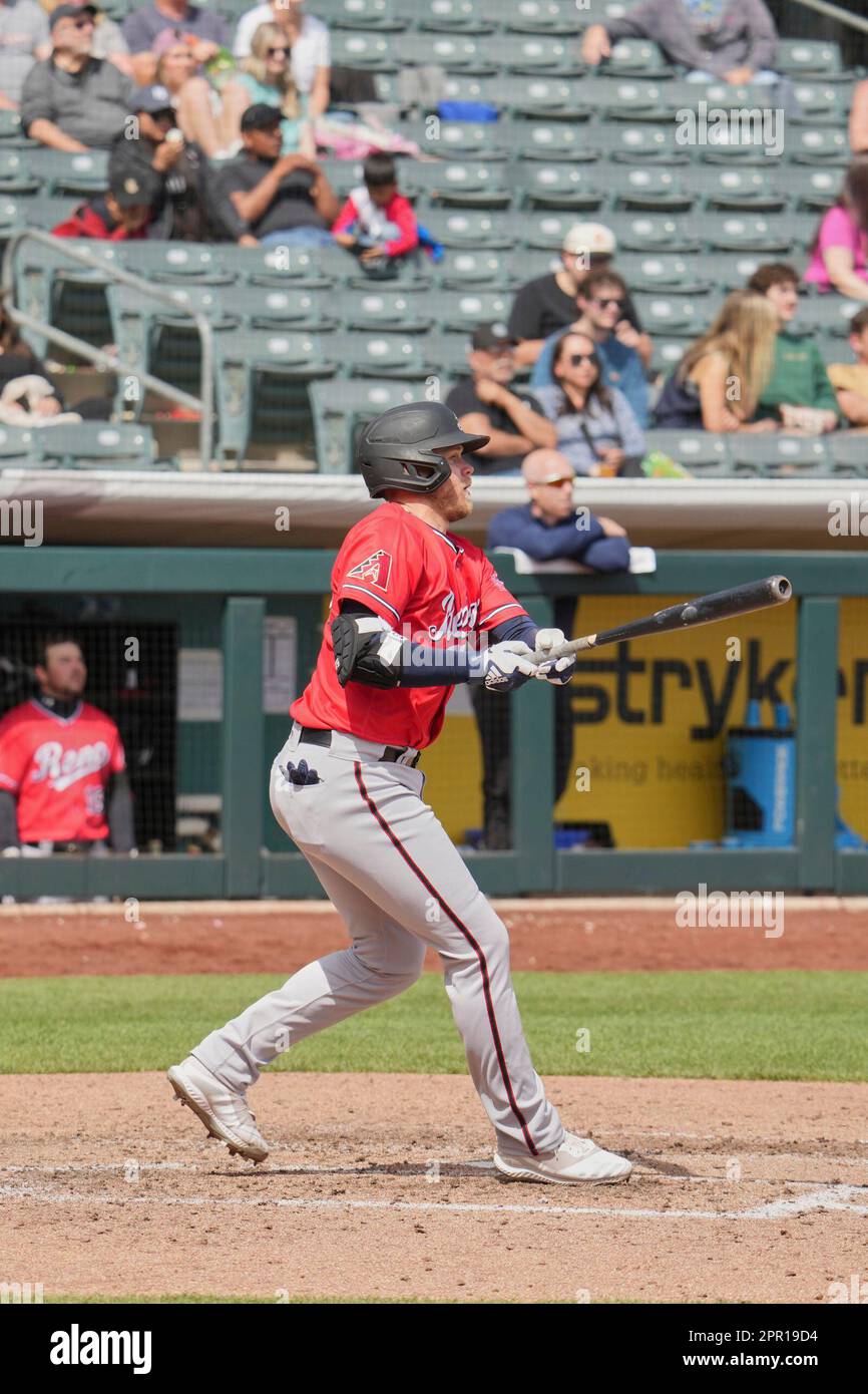 April 22 2023: Reno designated hitter Seth Beer (28) gets a hit during ...