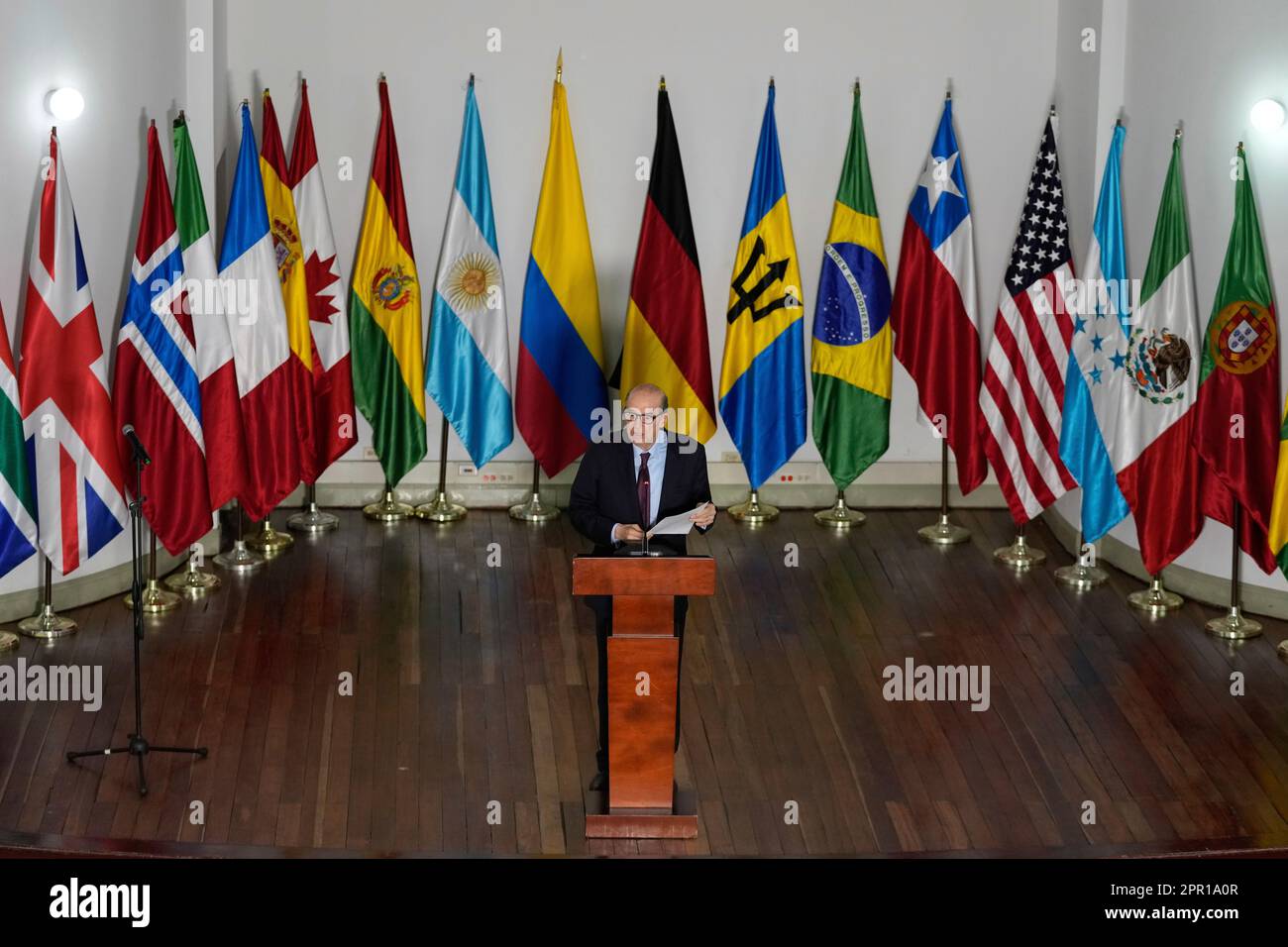 Colombia's Foreign Minister Alvaro Leyva reads a statement at the end ...